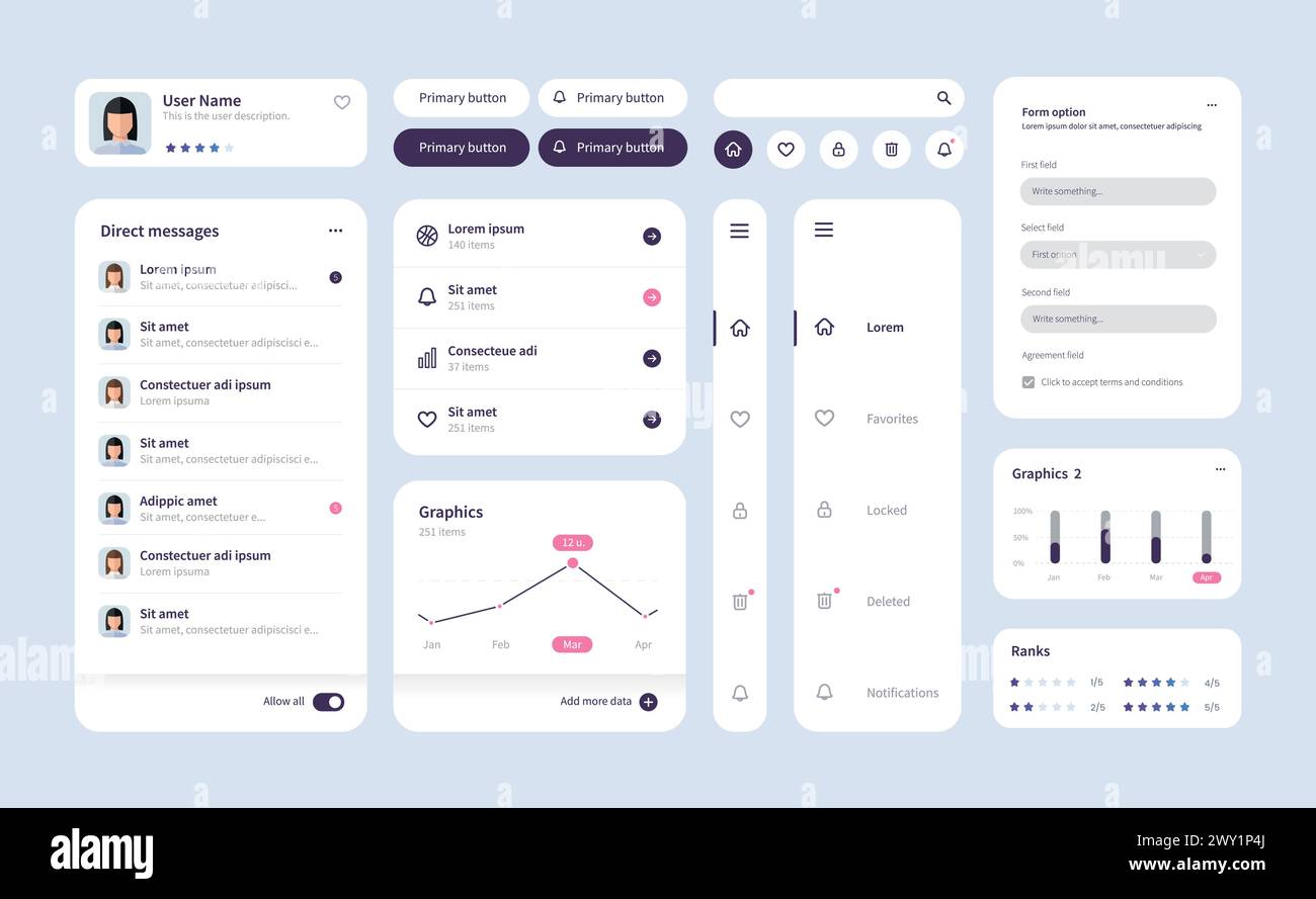 Big and improved ui kit for web designing, mobile apps with the different buttons, charts ...