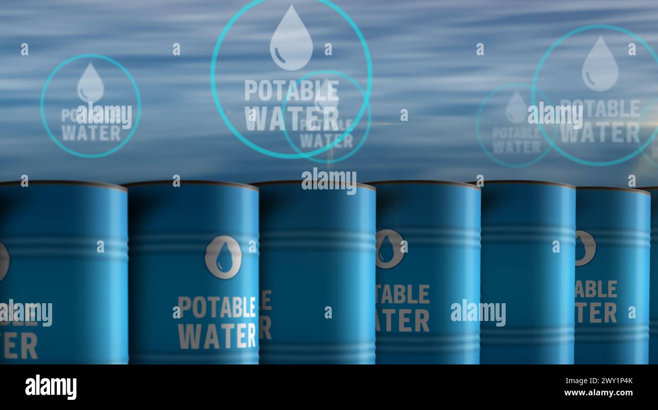 Potable water drinking h2o barrels in row concept. Fresh clean aqua for ...