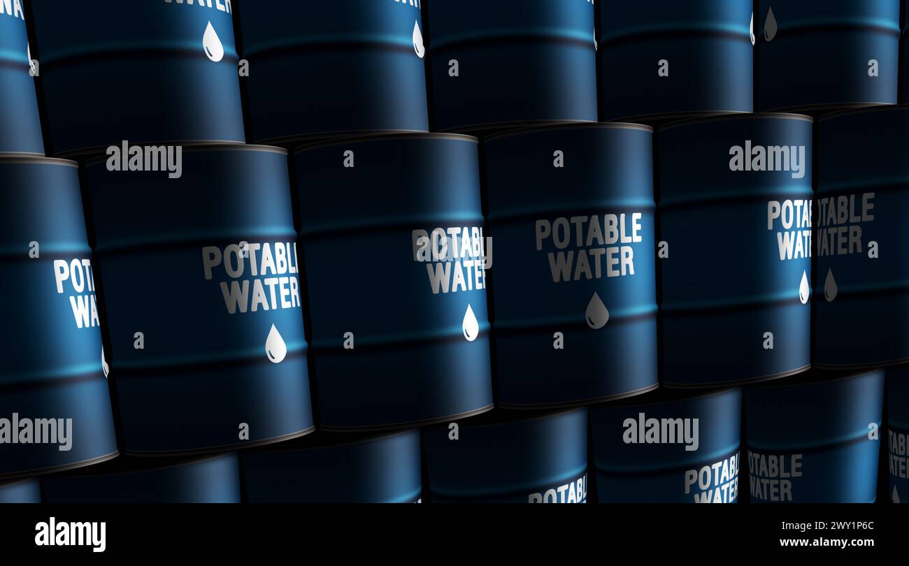 Potable water drinking h2o barrels in row concept. Fresh clean aqua for ...
