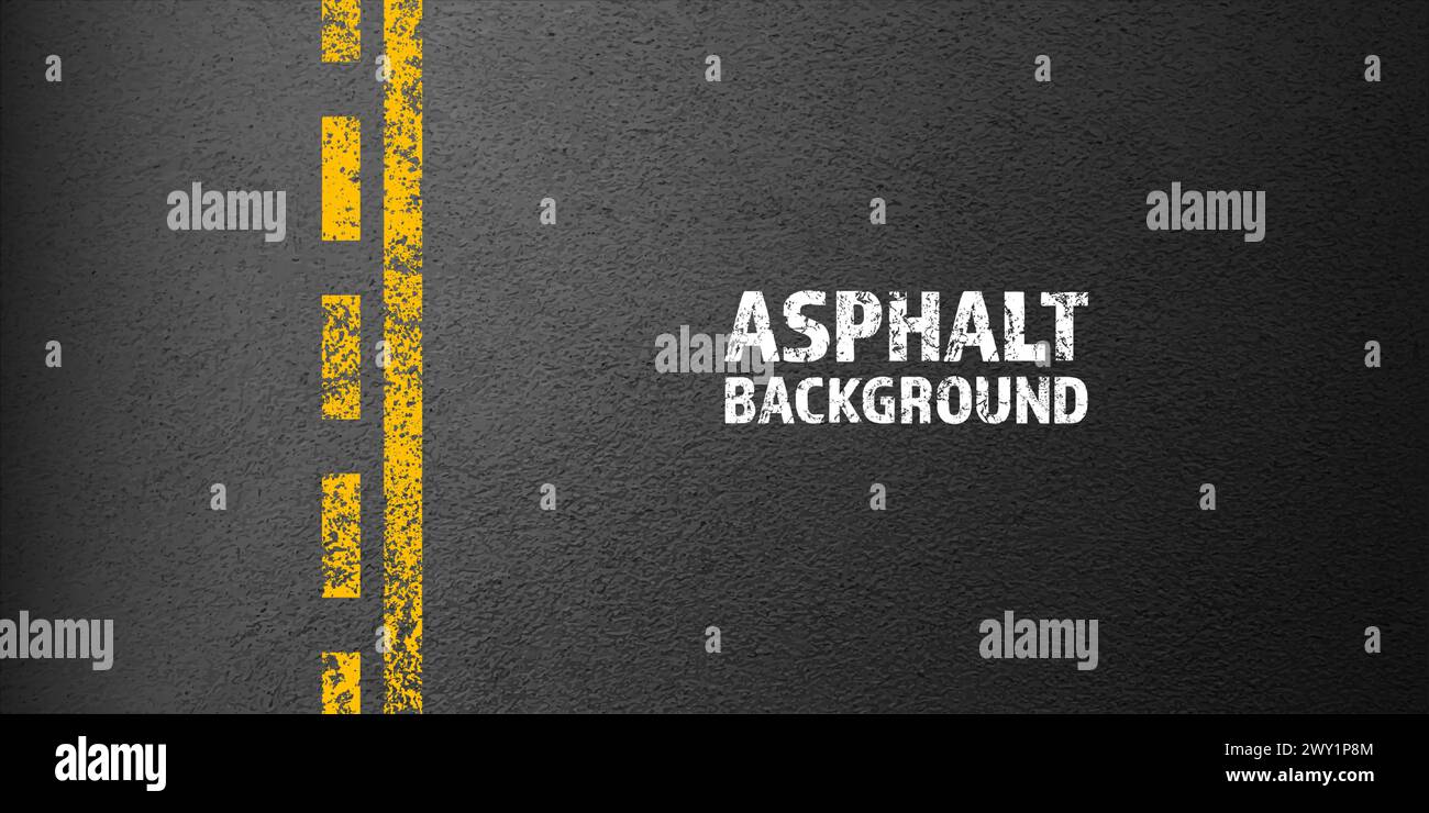 Asphalt road with yellow cracked lane marking, concrete highway surface ...