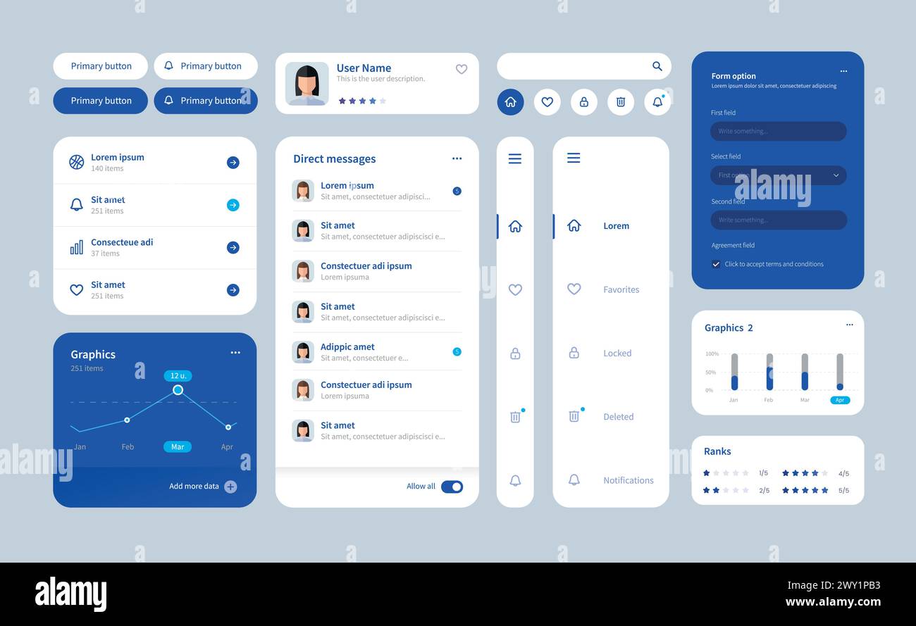 Big and improved ui kit for web designing, mobile apps with the different buttons, charts ...