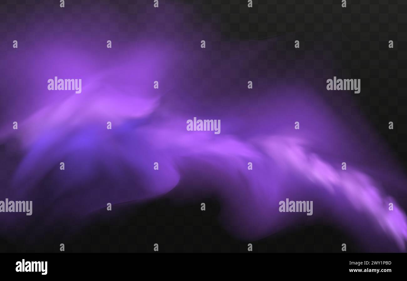 Realistic neon magic mist steam on a transparent dark background.Scary ...