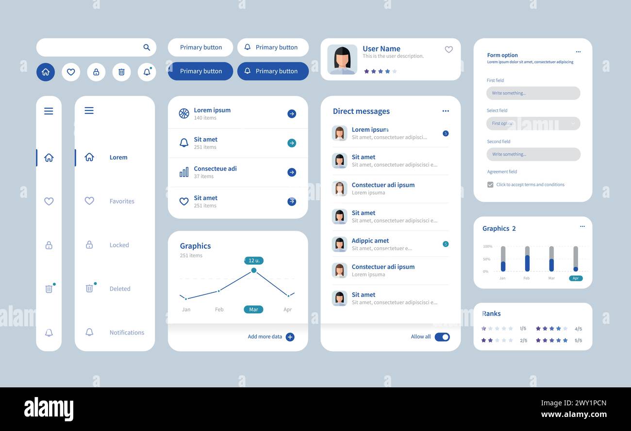 Big and improved ui kit for web designing, mobile apps with the different buttons, charts ...