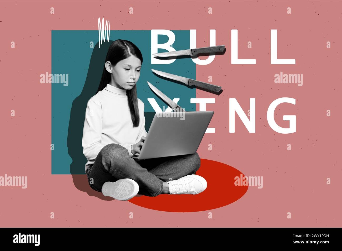 Creative abstract template collage of sitting little girl bullying cut ...