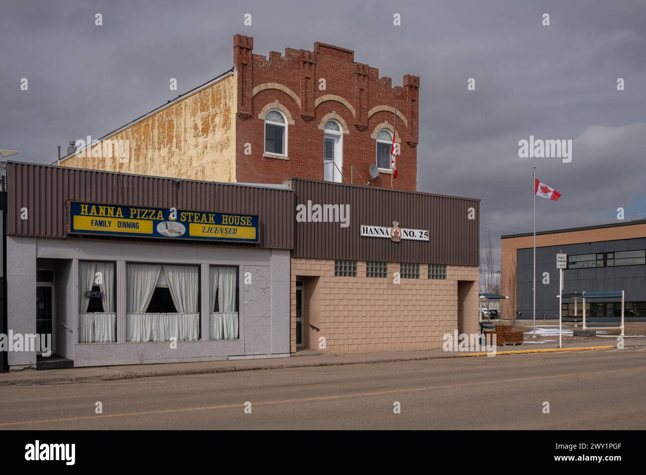 Hanna, Alberta - March 29, 2024: Storefronts on the mainstreet of Hanna ...