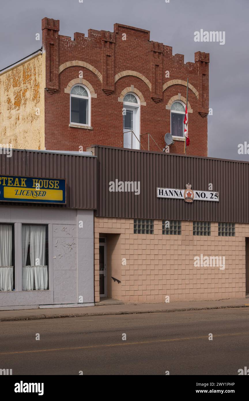 Hanna, Alberta - March 29, 2024: Storefronts on the mainstreet of Hanna ...