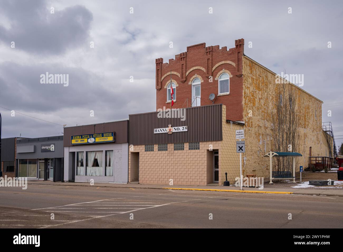 Hanna, Alberta - March 29, 2024: Storefronts on the mainstreet of Hanna ...