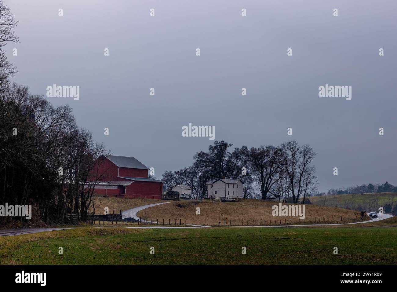 Staunton, Virginia, USA - February 25, 2024: A road swings around this ...