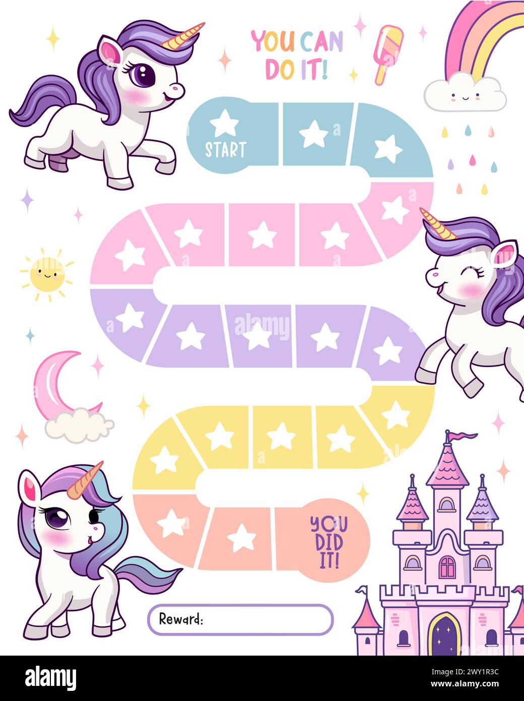 Unicorn reward chart for girls and boys. Cute baby unicorn. Table of ...