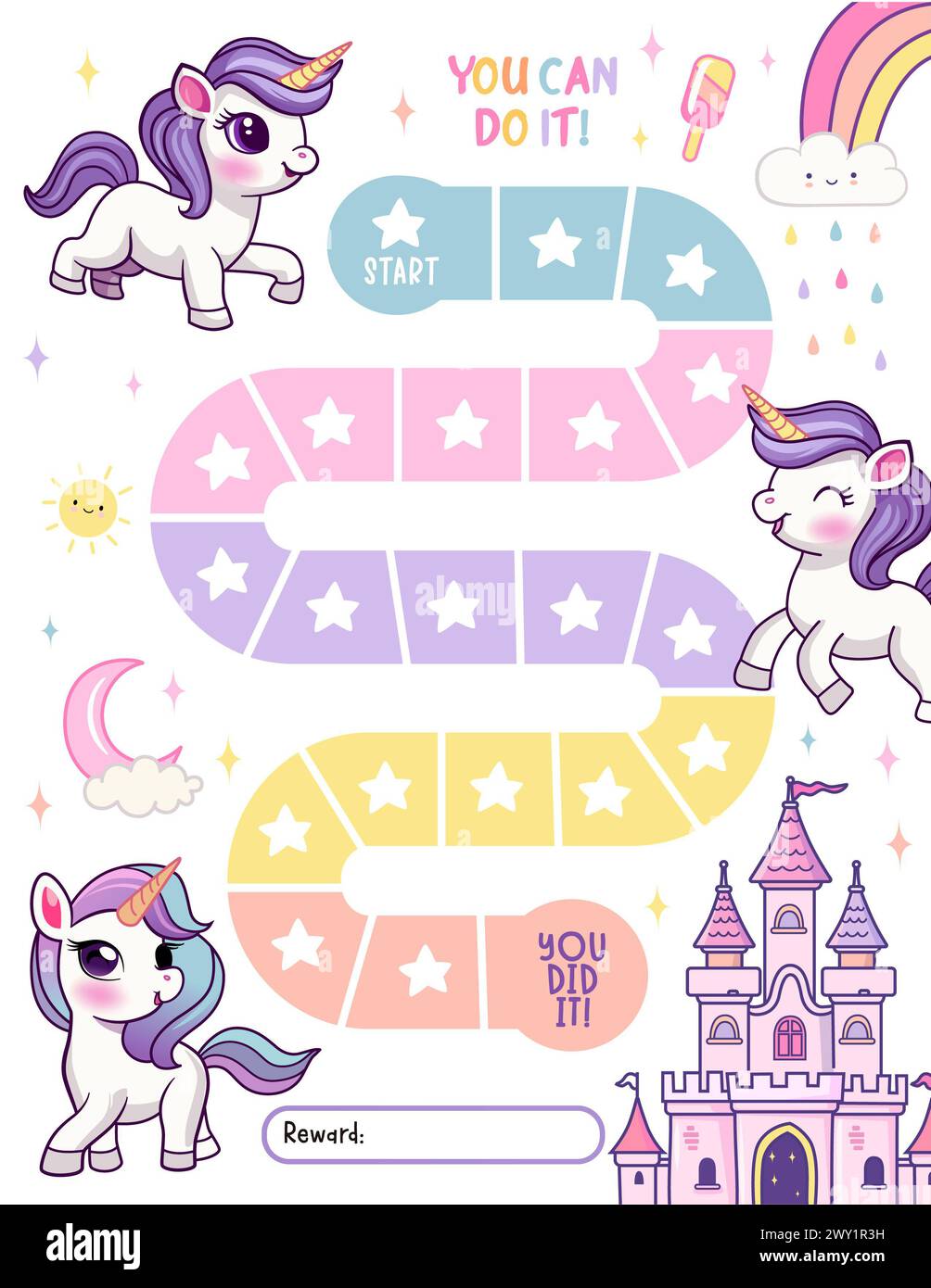 Unicorn reward chart for girls and boys. Cute baby unicorn. Table of ...