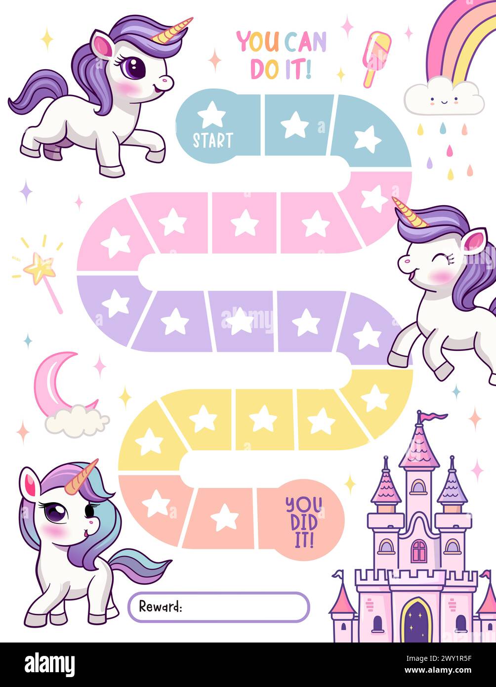 Unicorn reward chart for girls and boys. Cute baby unicorn. Table of ...