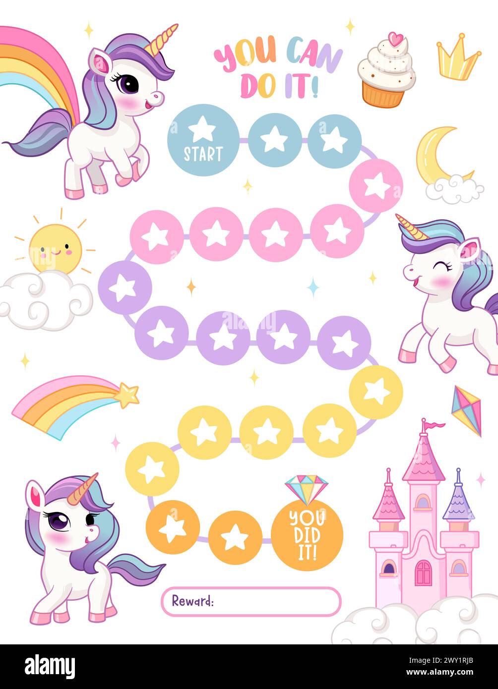 Unicorn reward chart for girls and boys. Cute baby unicorn. Table of ...