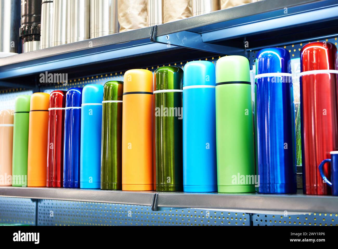 Colored thermos in the shop window Stock Photo - Alamy