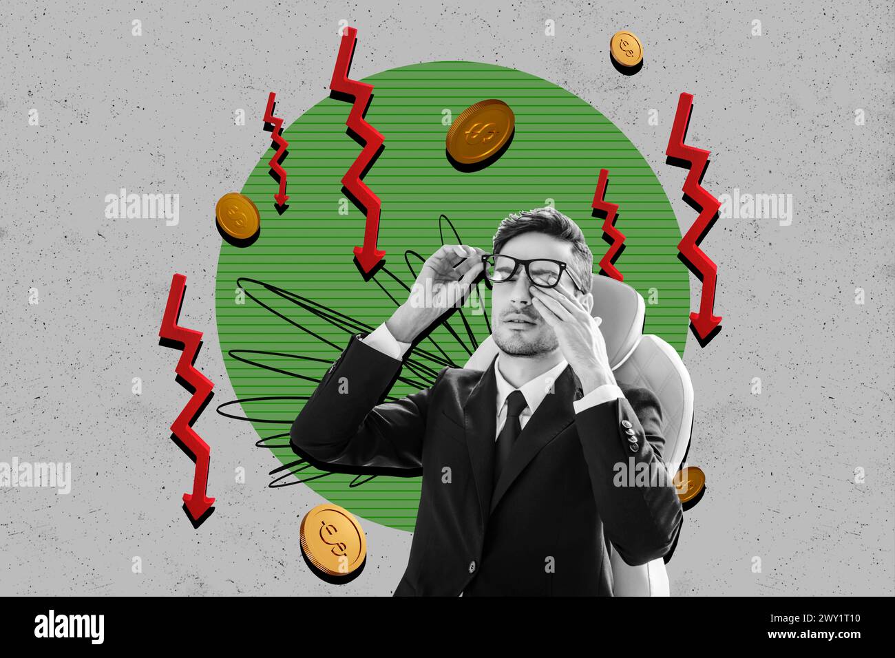 Composite photo collage of sad overworked businessman arrow down crisis ...