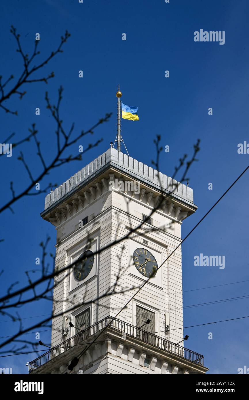 LVIV, UKRAINE - APRIL 3, 2024 - A blue and yellow national flag flies ...