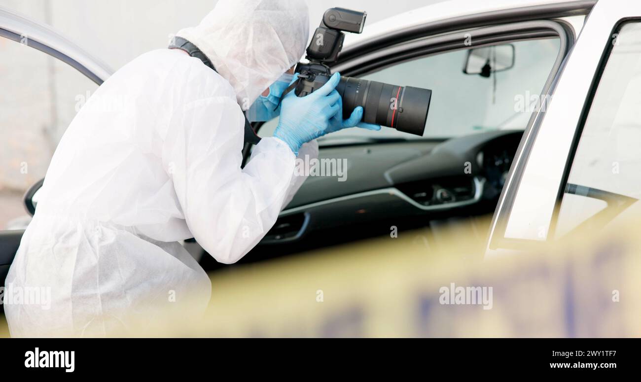 Car, crime scene and forensic photographer with pictures for evidence ...