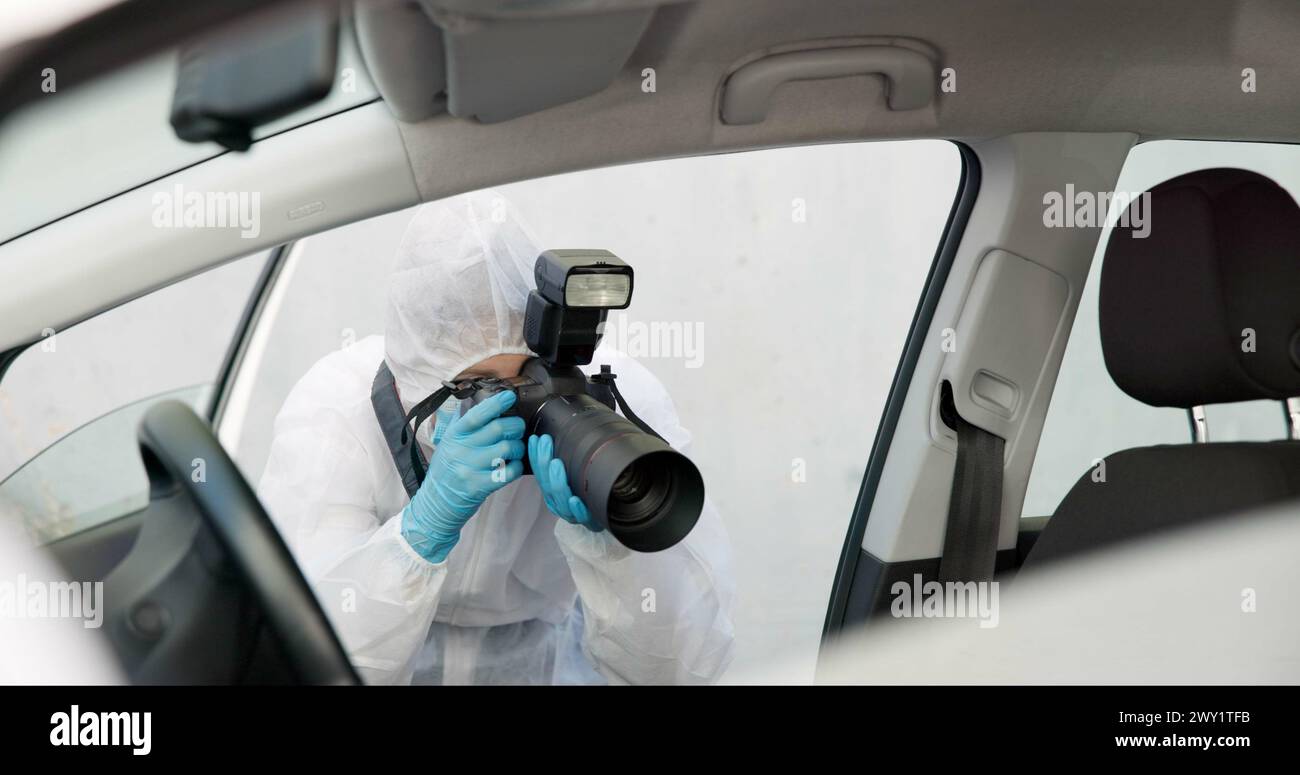 Forensic, investigation and photography of evidence in crime scene car ...