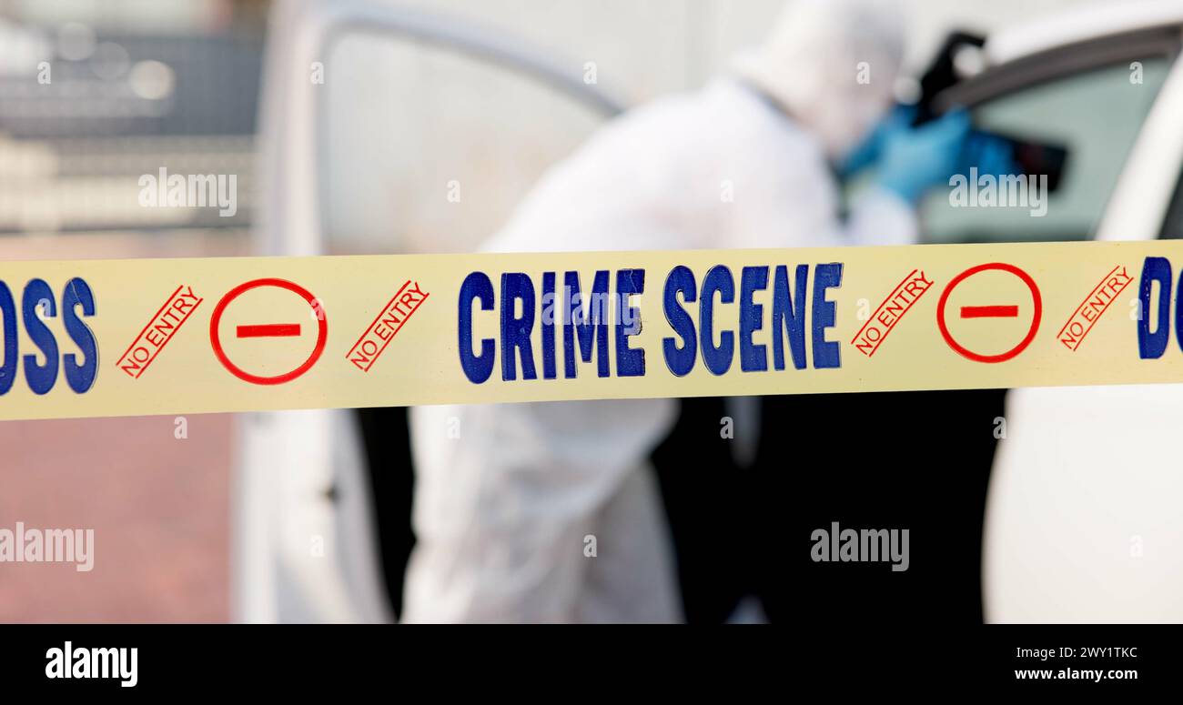 Car, crime scene and forensic photographer with camera for evidence in ...