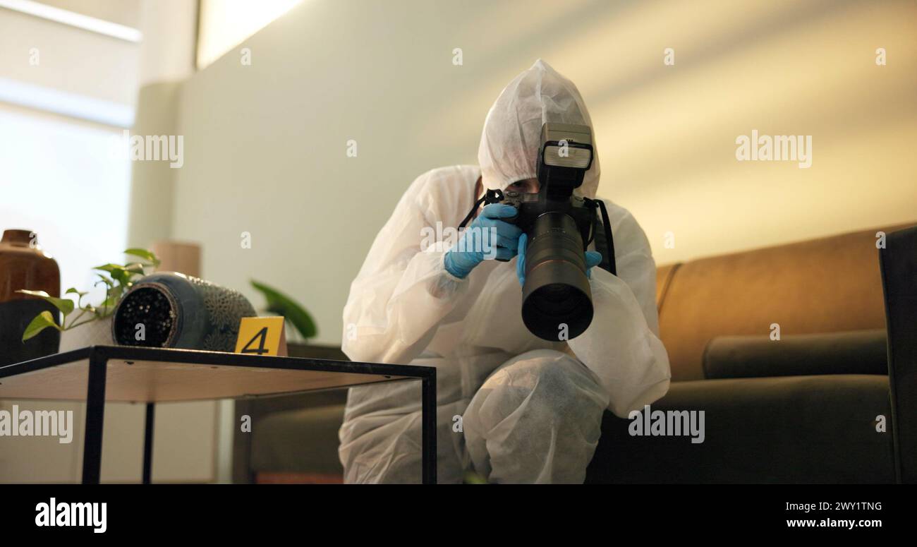 Csi, photographer and forensic at crime scene for investigation of ...