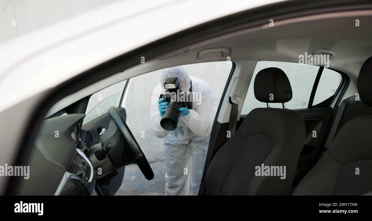 Forensic, investigation and photography of evidence in crime scene car ...