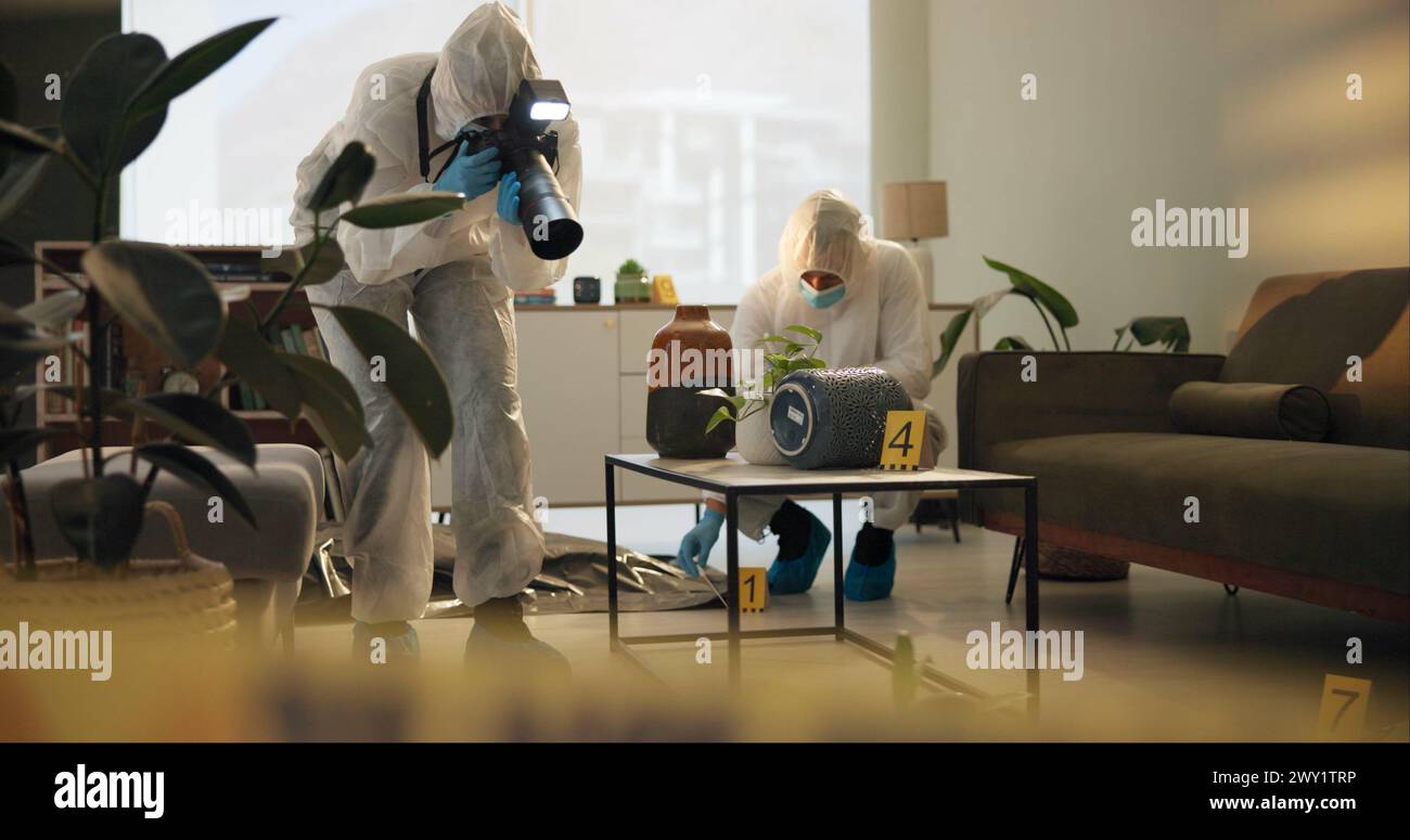 Crime scene, photography and people in house for evidence ...