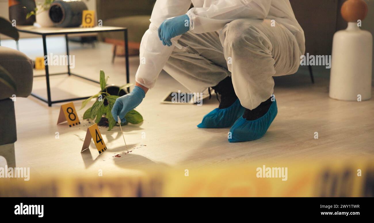 Crime scene, swab and police in house for evidence, investigation and ...