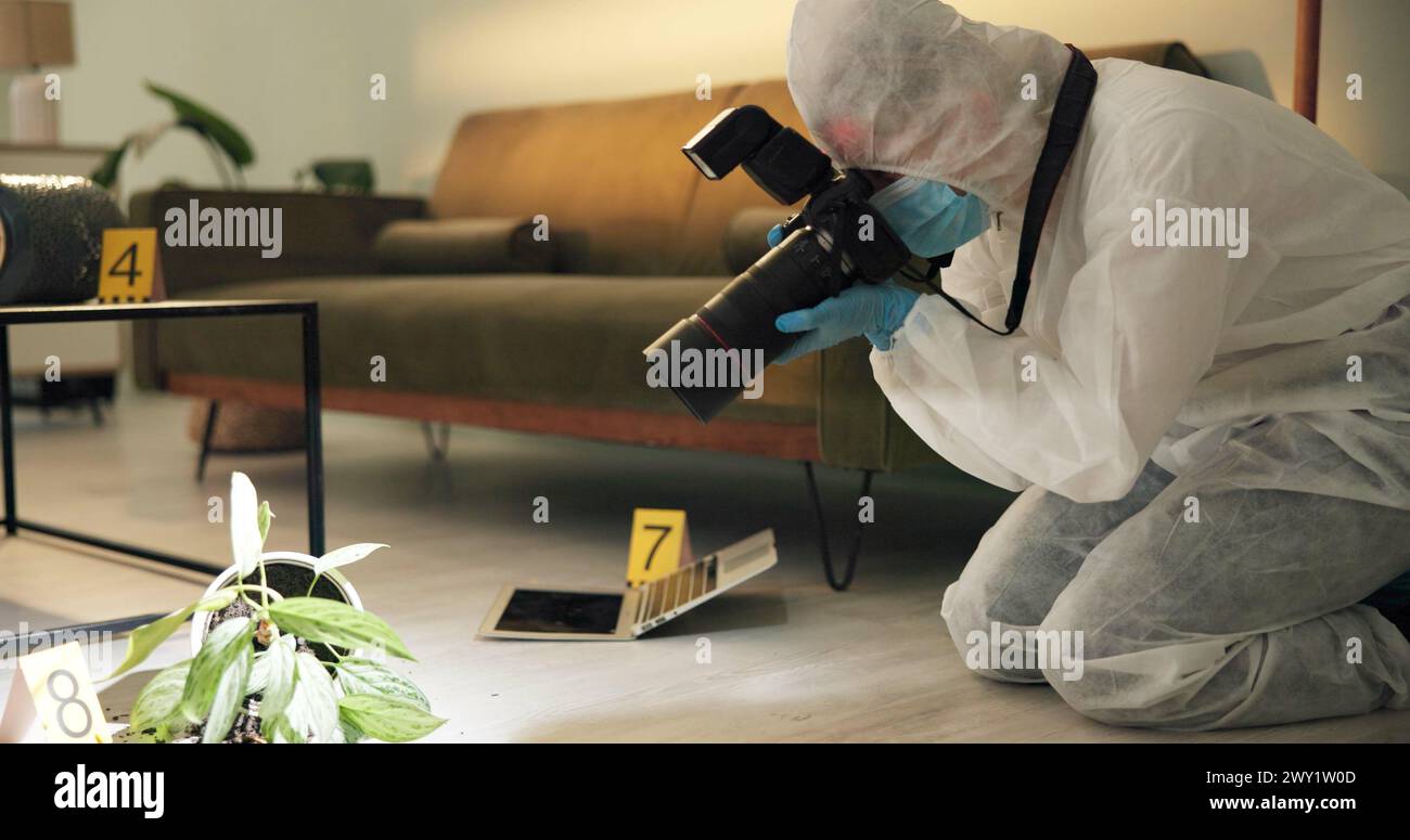 Csi, photographer and evidence at crime scene for investigation of ...