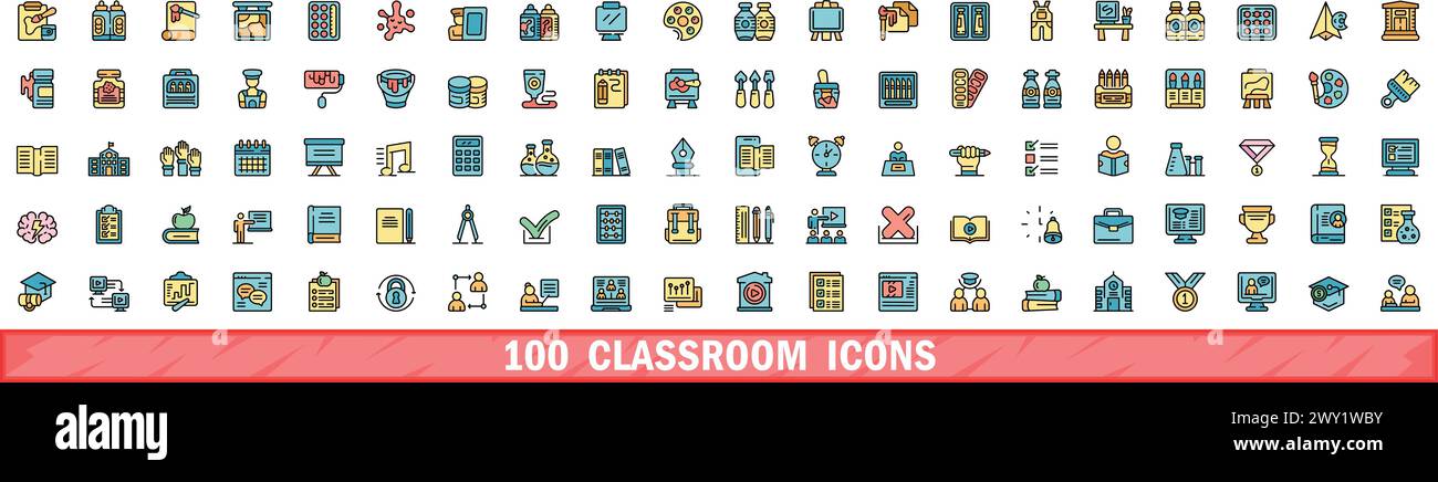 100 classroom icons set. Color line set of classroom vector icons thin line color flat on white ...