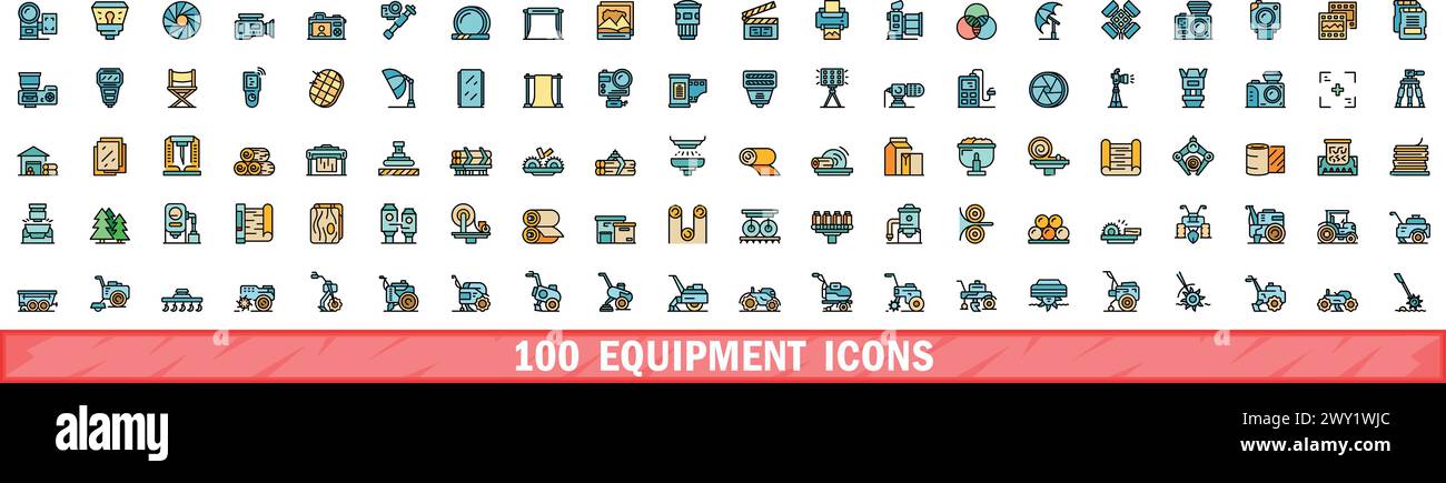 100 equipment icons set. Color line set of equipment vector icons thin ...