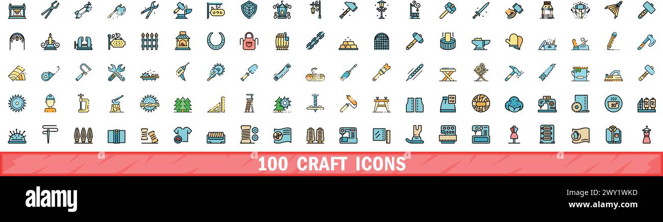 100 craft icons set. Color line set of craft vector icons thin line ...