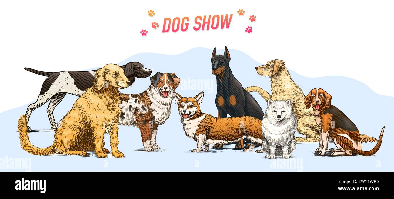 Dogs banner. Different breeds of domestic animals poster. Puppy ...