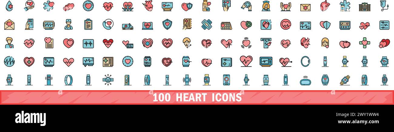 100 heart icons set. Color line set of heart vector icons thin line ...