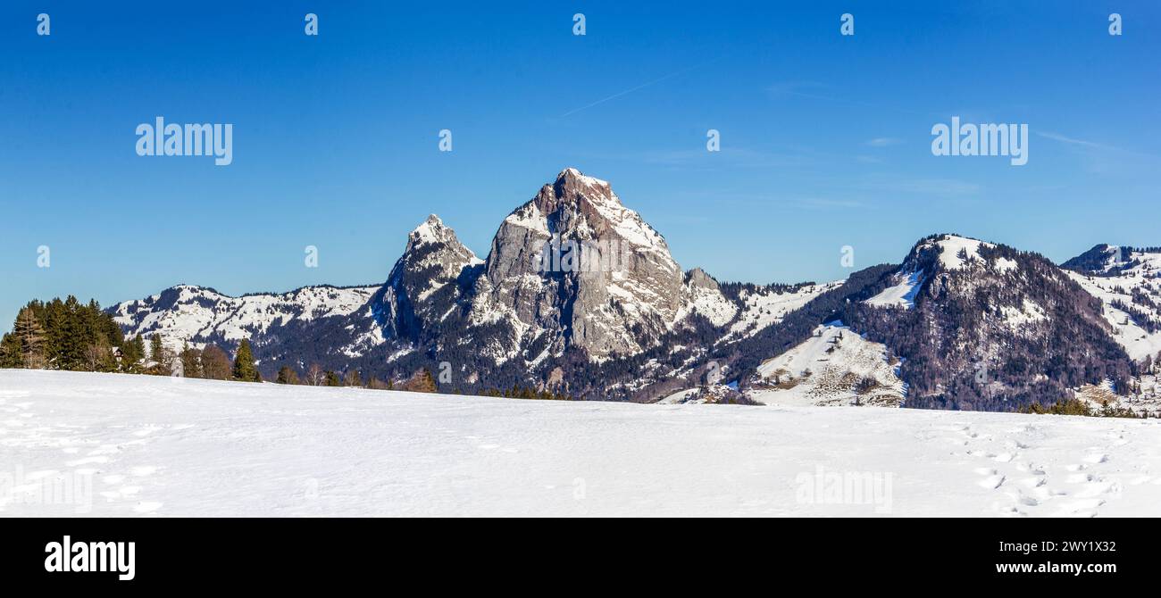 Panorama of Mount Mythen (Gross and Klein) covered with snow in winter ...