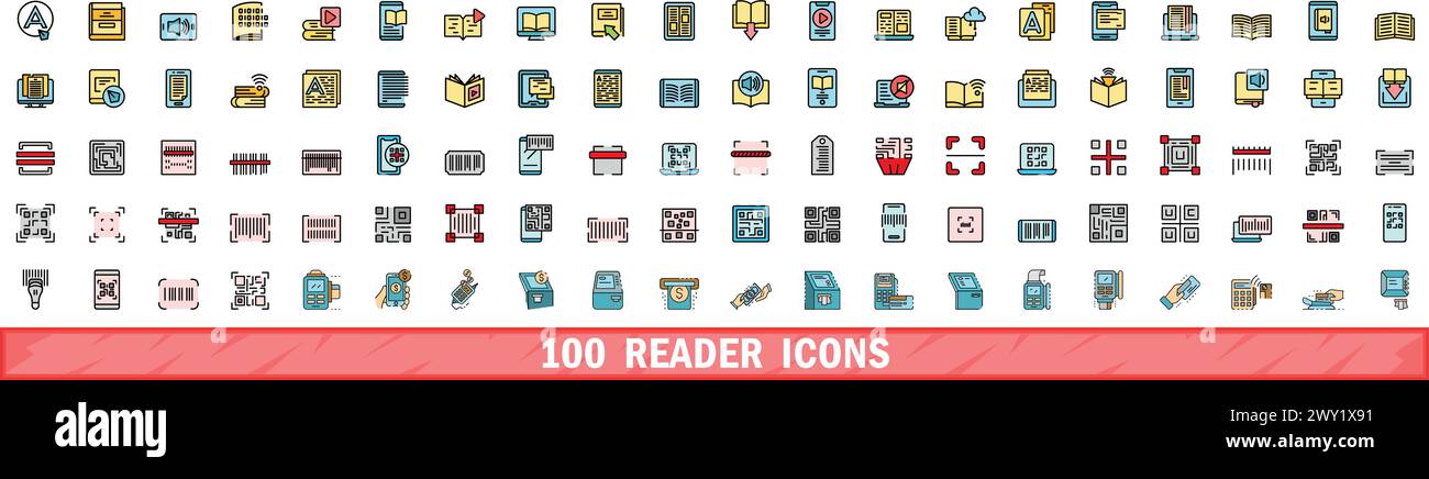 100 reader icons set. Color line set of reader vector icons thin line ...