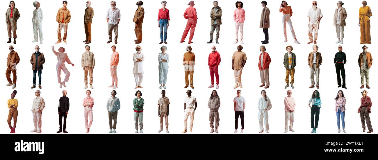 Many people set on isolated background, casual fashion wear, full body ...