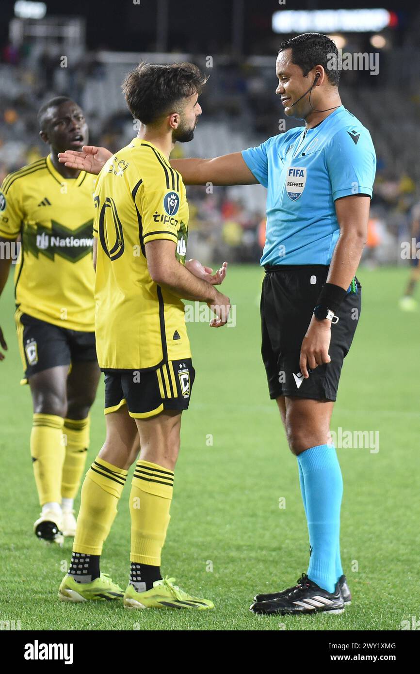April 2, 2024: Columbus Crew forward Diego Rossi (10) argues a call ...