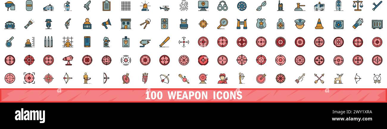 100 weapon icons set. Color line set of weapon vector icons thin line ...