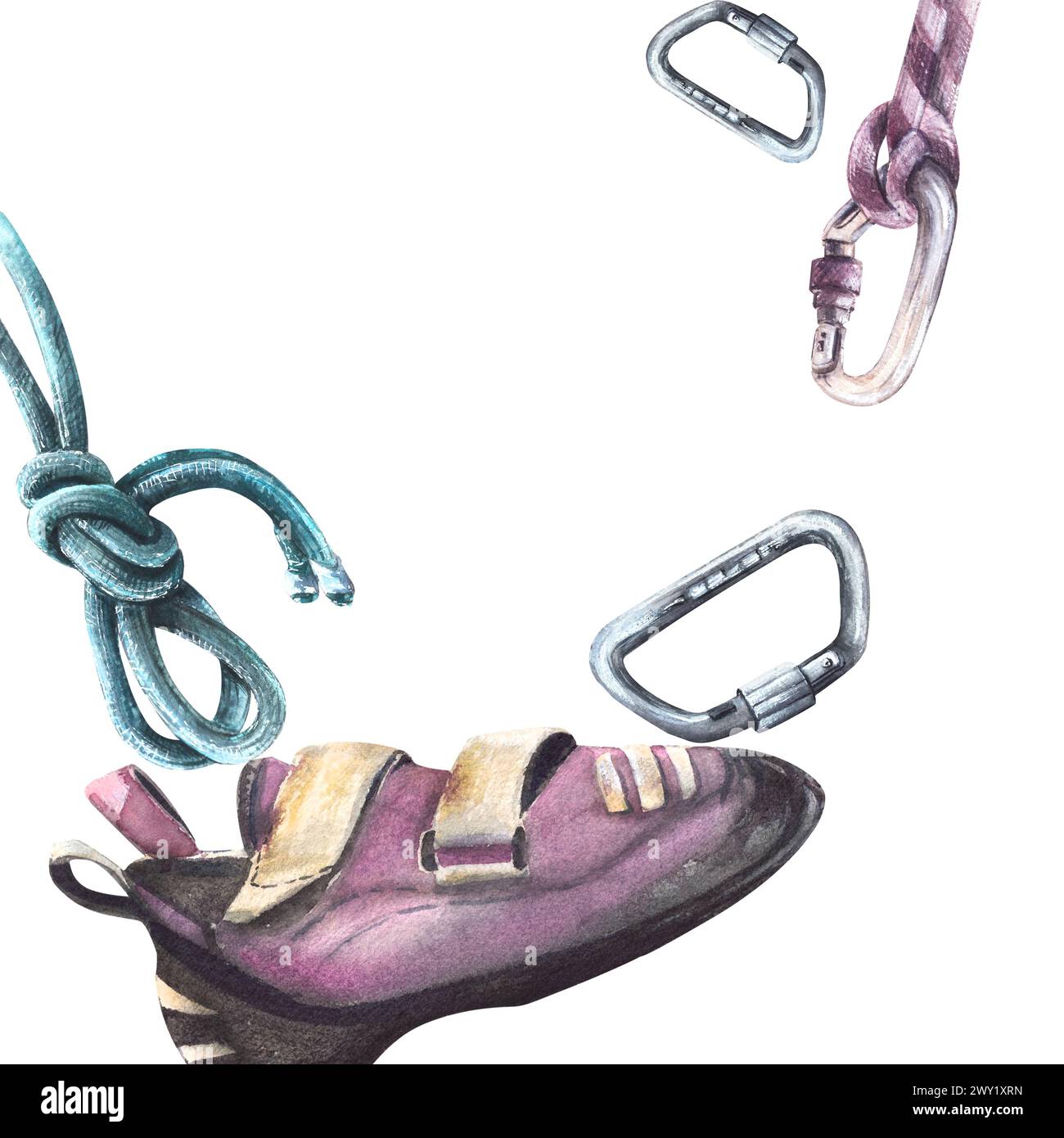 Watercolor bouldering, climbing equipment. Climb shoes and metal ...