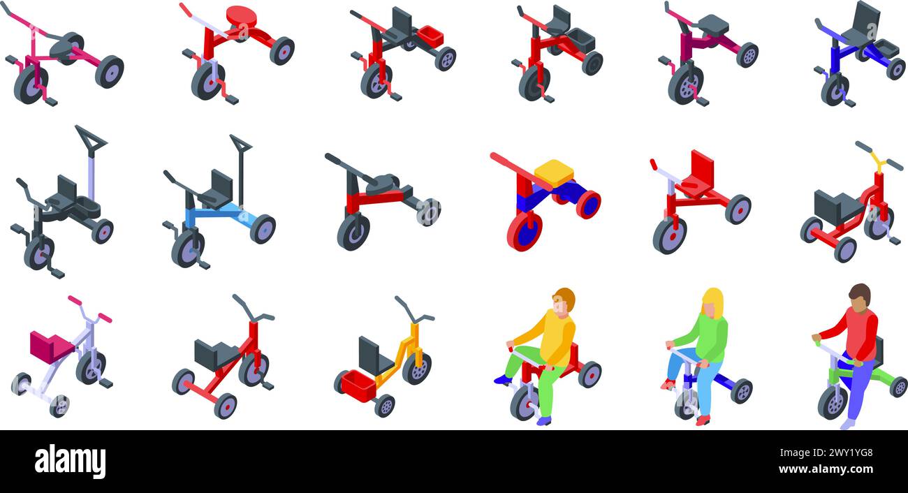 Kids tricycle icons set isometric vector. Riding bike. Character ...
