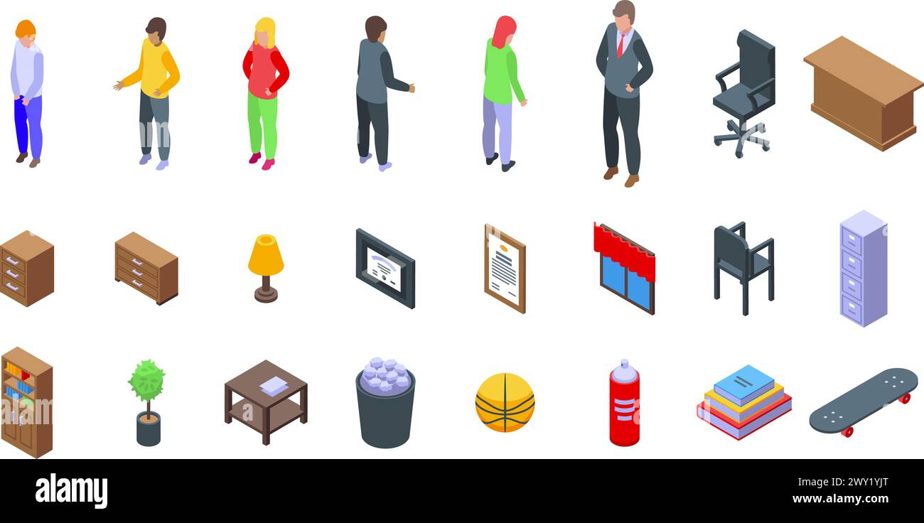 School principal office room icons set isometric vector. Director furniture. Education control ...