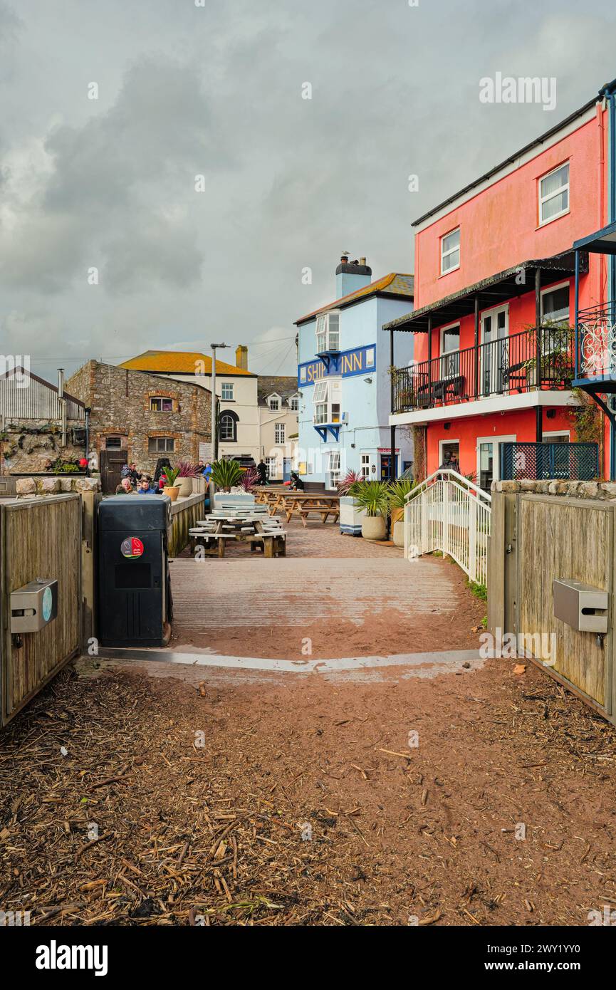 The river Teign flood gates are open leading up to the Ship Inn public ...