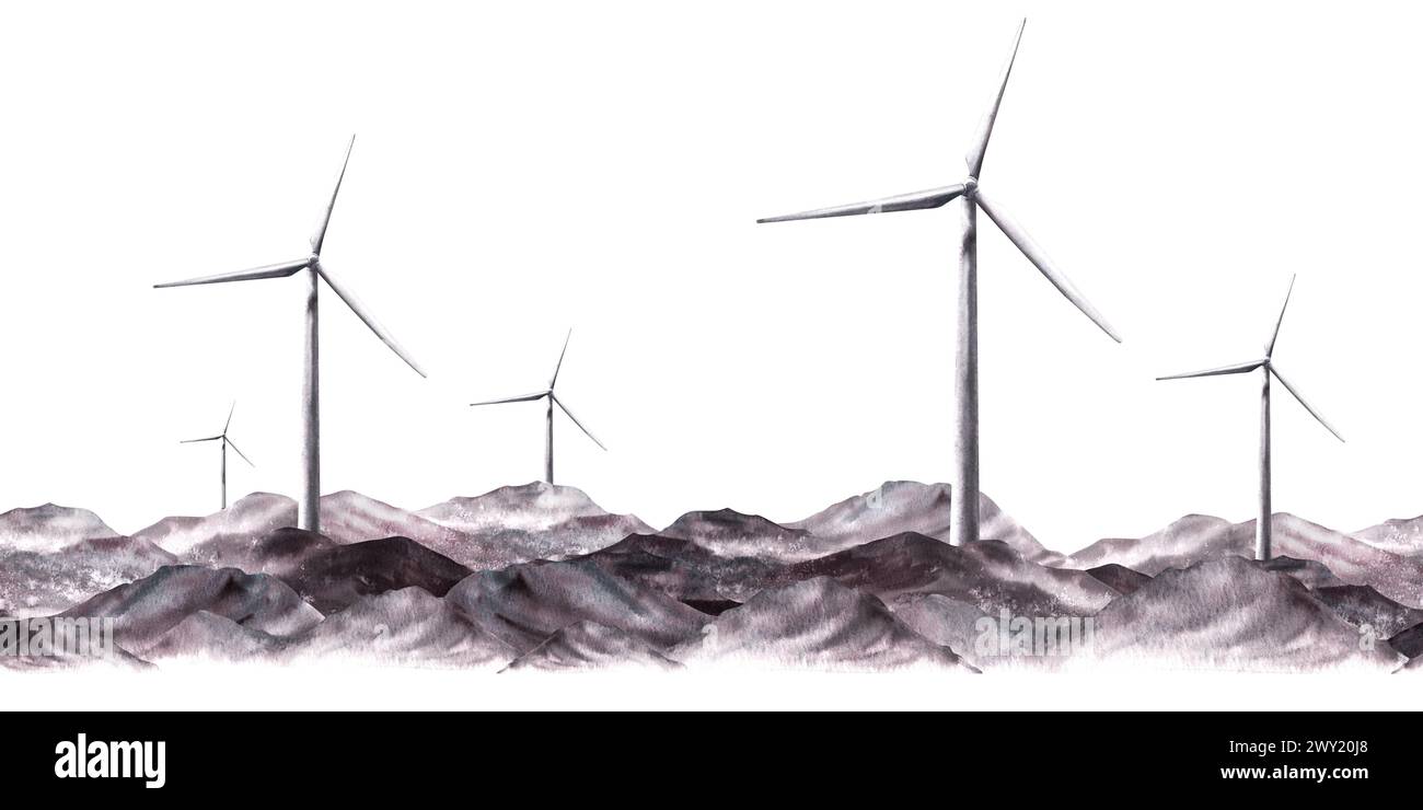 Watercolor monochrome landscape with windmills, wind turbine on ...