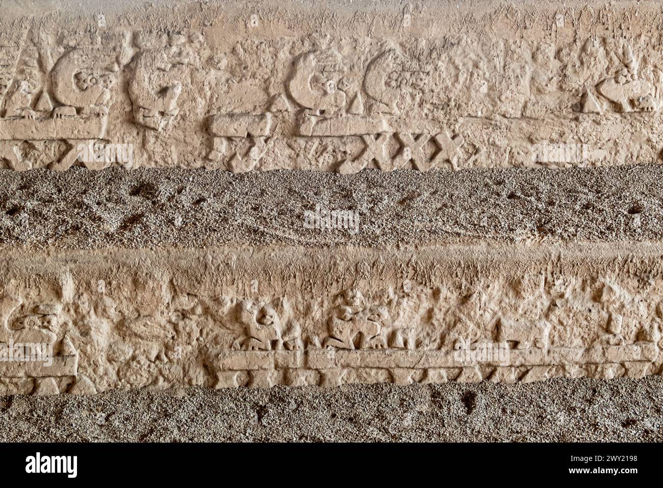 Panorama of the adobe walls and decorations in the archaeological site ...