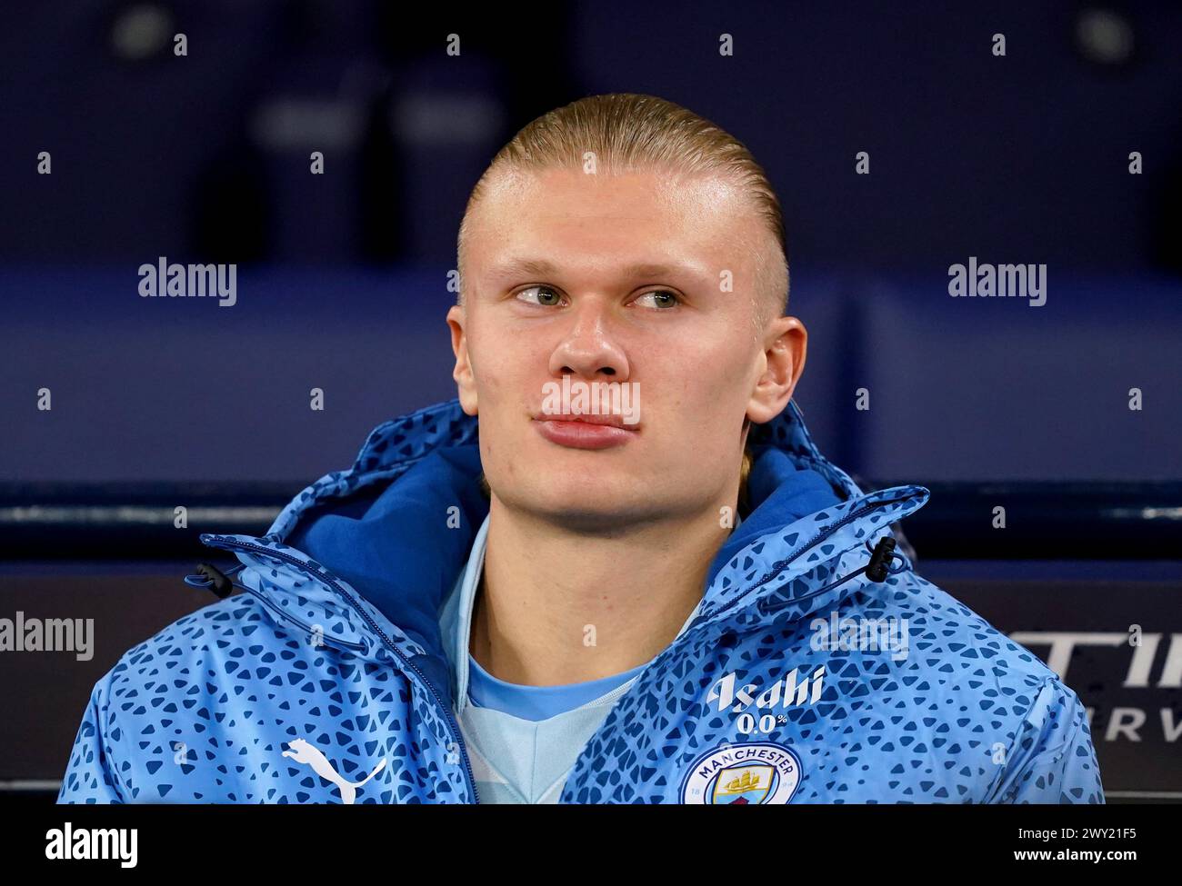 Manchester City's Erling Haaland on the bench ahead of the Premier ...