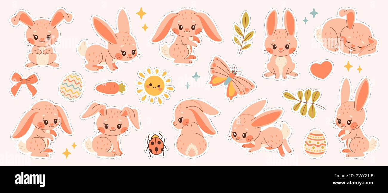 Cute Bunny sticker set. Hand drawn cartoon spring rabbits stickers with ...