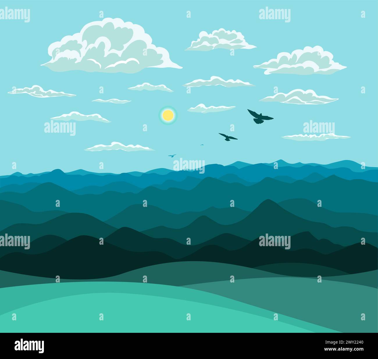 Mountains and hills blue landscape. Hand drawing. Not AI. Vector ...