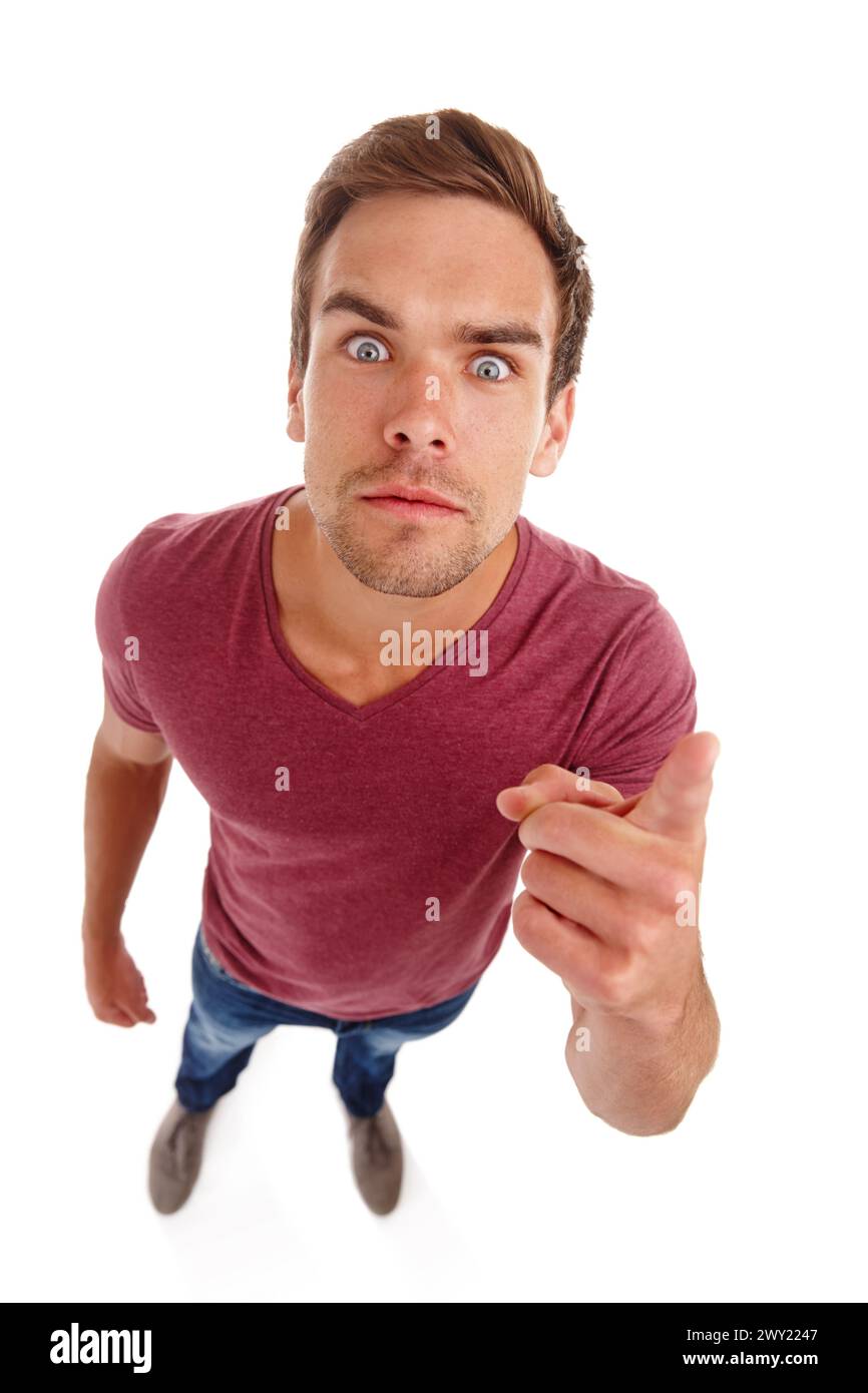 Stress, hand pointing and portrait of angry man in studio frustrated ...