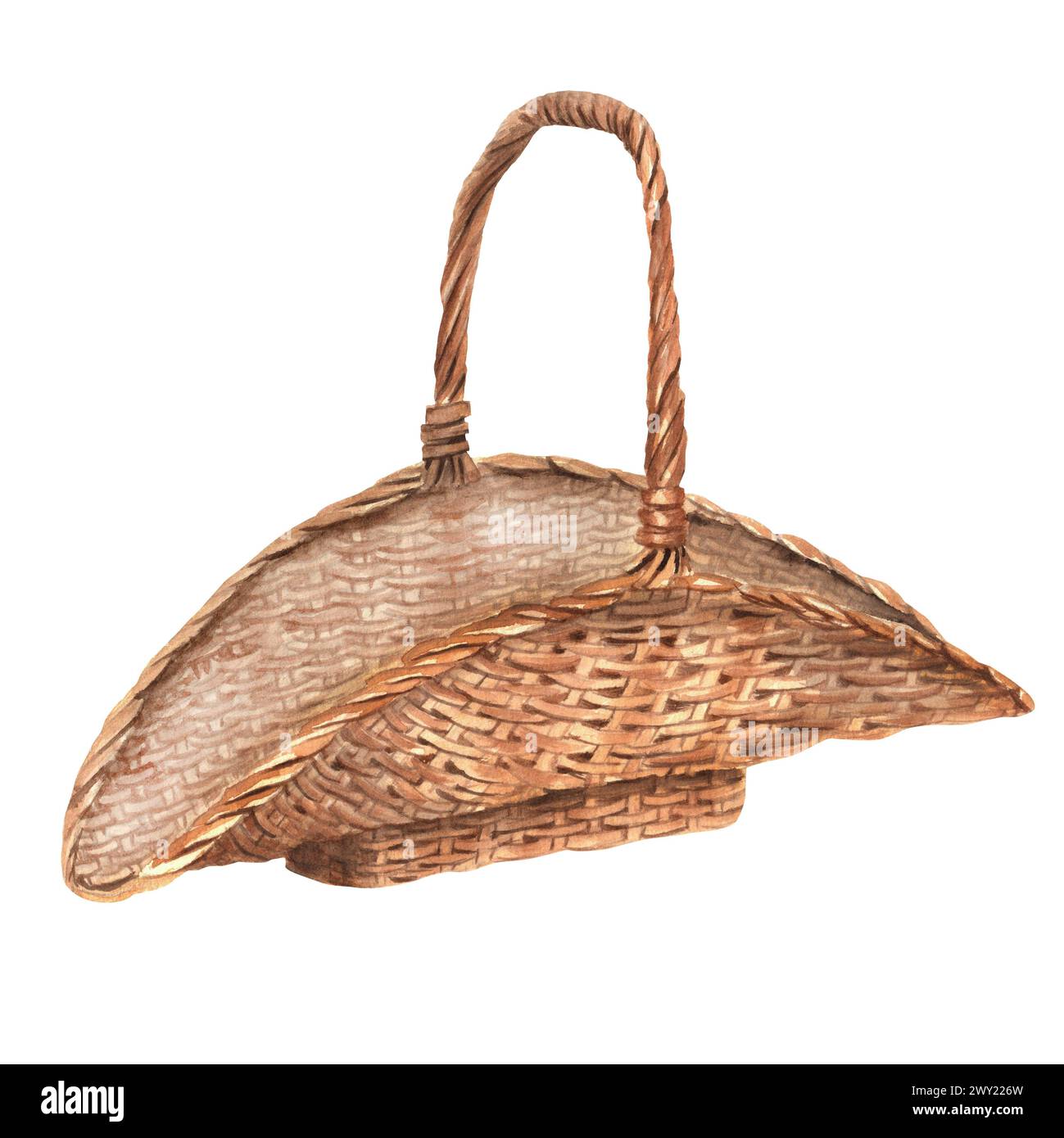 Hand-drawn watercolor illustration. Wicker garden basket for flowers ...