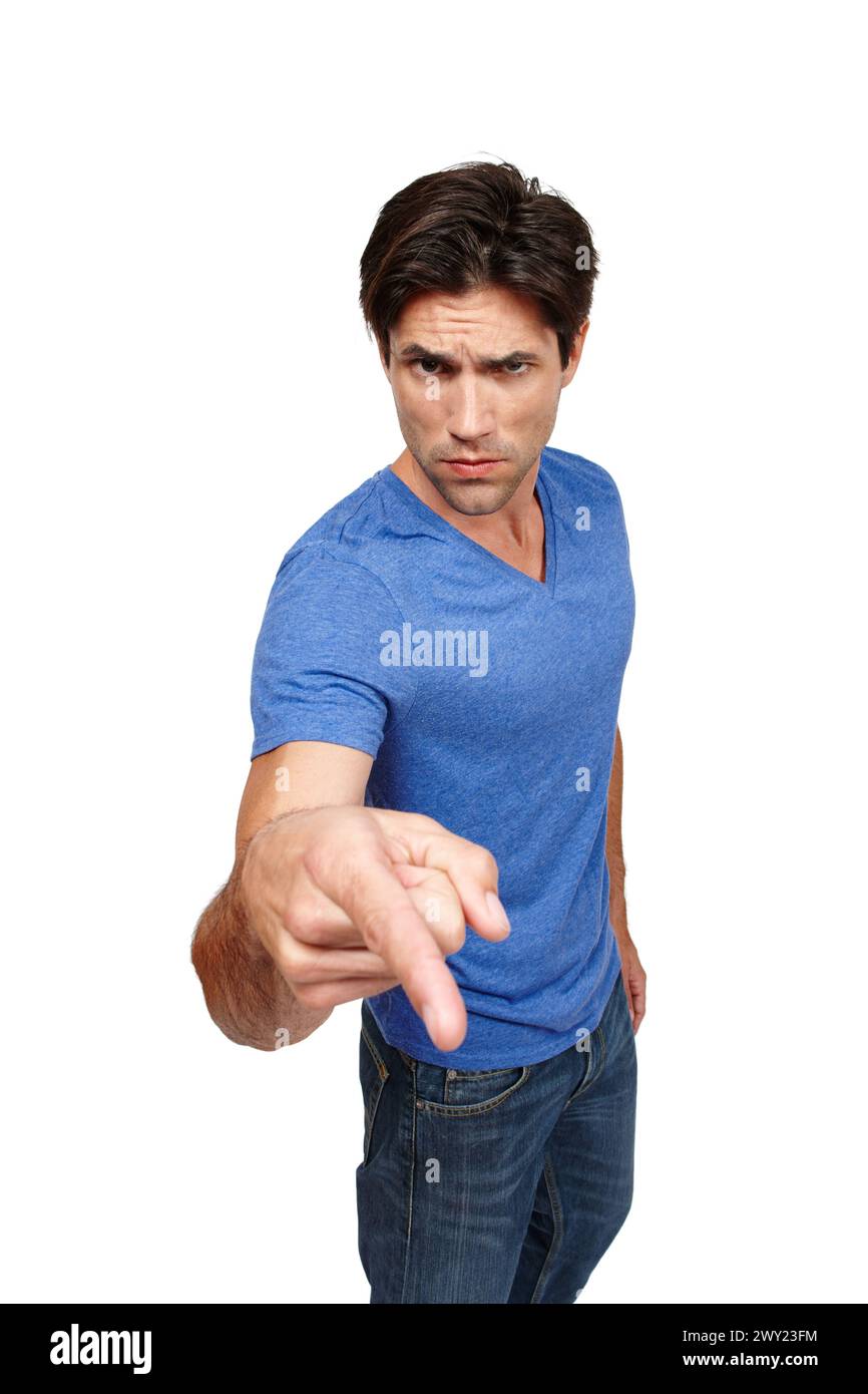 Serious man, pointing and finger in studio for motivation, encourage ...
