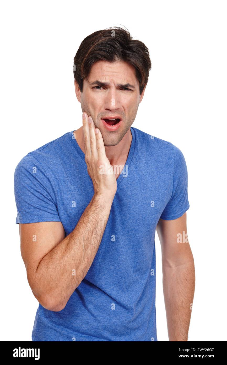 Man, toothache and dental problem in studio for gum health, cavities ...